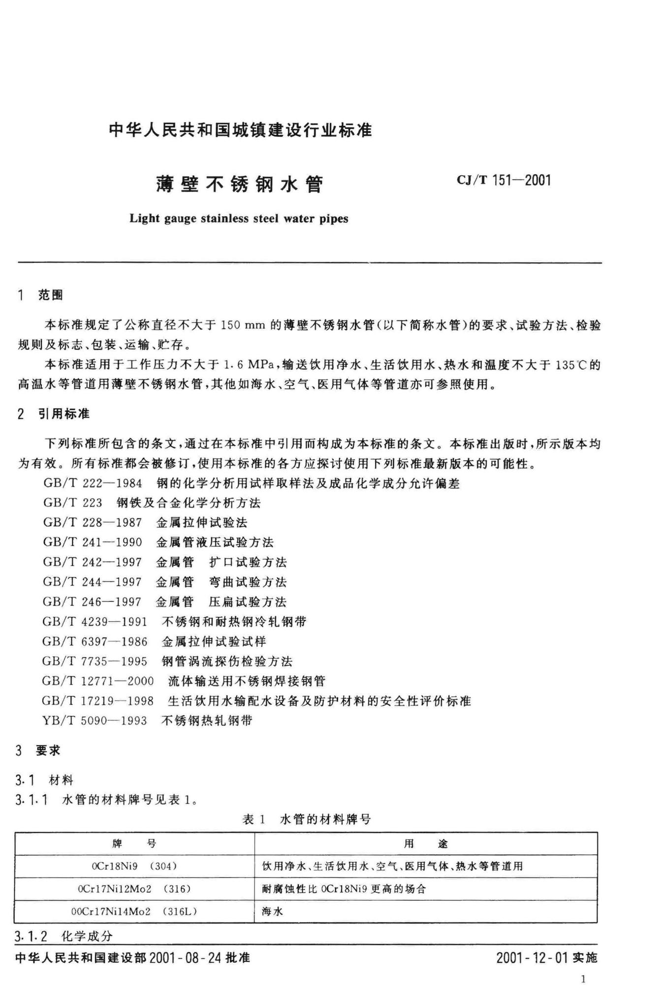 阅读-CJ/T151-2001：薄壁不锈钢水管
