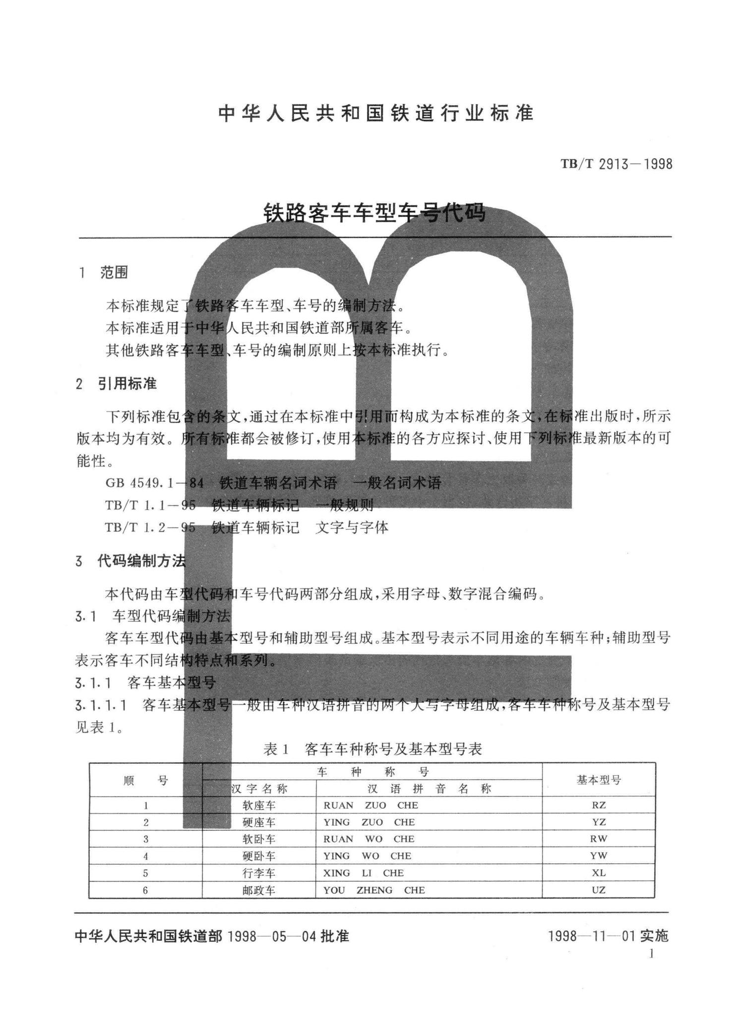 阅读-TB/T 2913-1998：铁路客车车型车号代码