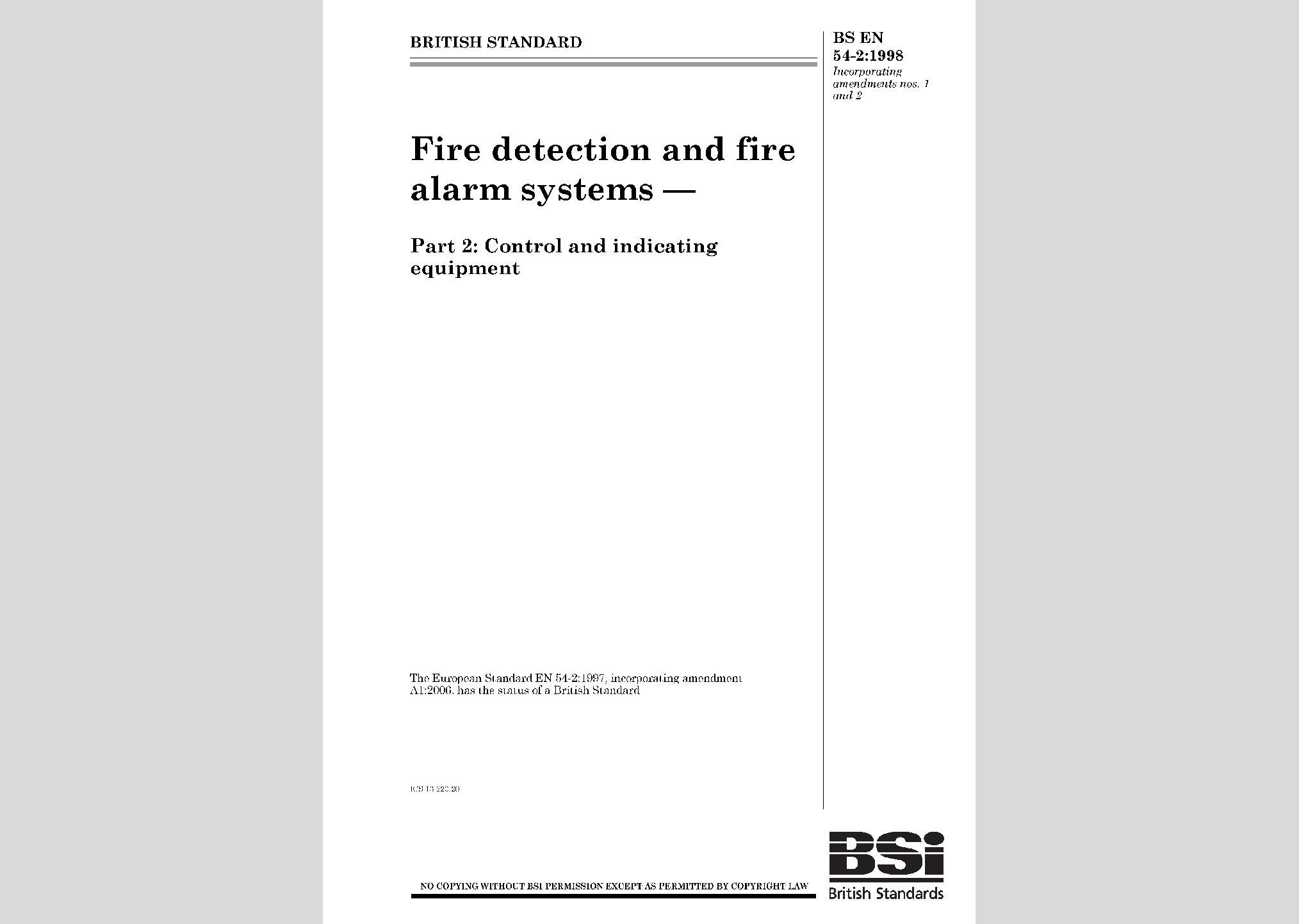 BSEN54-2:1998：Fire detection and fire alarm systems-Part 2: Control and ...